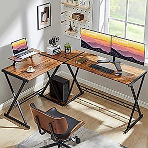 GreenForest L Shaped Desk 58” Reversible Corner Computer Desk with Movable Shelf and CPU Stand, Gaming Desk with Sturdy X Leg Space Saving Home Office Workstation Table, Walnut