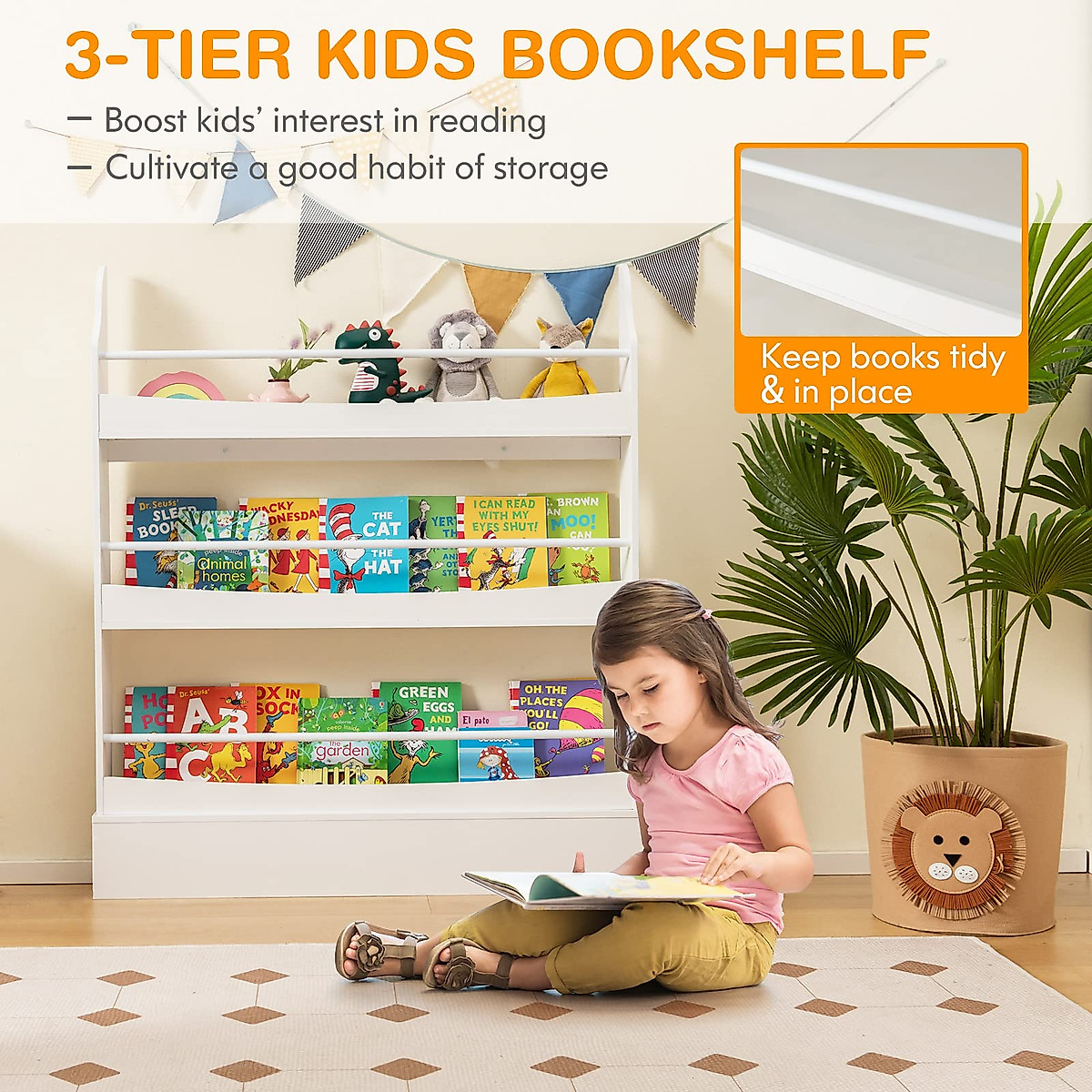 Costzon Kids Bookshelf, 3-Tier Wooden Book Shelf Organizer for Books and Toys, Toddler Space-Saving Wall Bookcase Conner Storage Rack for Bedroom, Living Room, Nursery, Playroom (White)