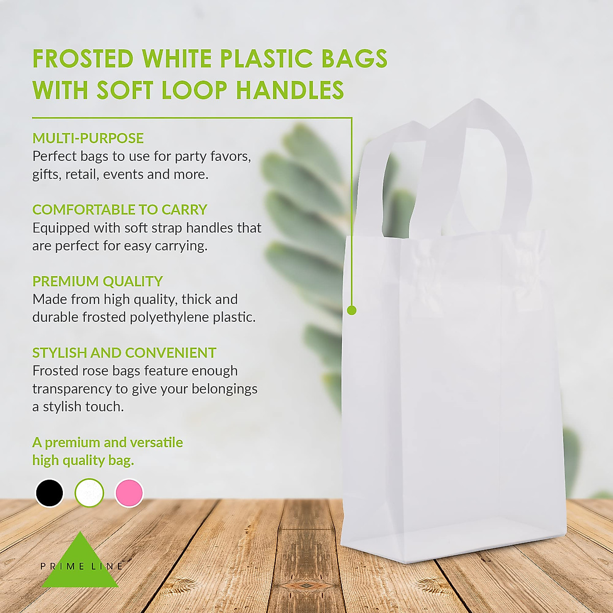 Prime Line Packaging Clear Gift Bags with Handles, Frosted Plastic Shopping Tote for Girls, Small Business, Boutiques, Retail, Bulk, 6x3x9 100 Pack