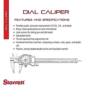 Starrett Dial Caliper with Adjustable Bezel and Fitted Case - White Face, 0-6" Range, -0.001" Accuracy, 001" Graduations - 3202-6