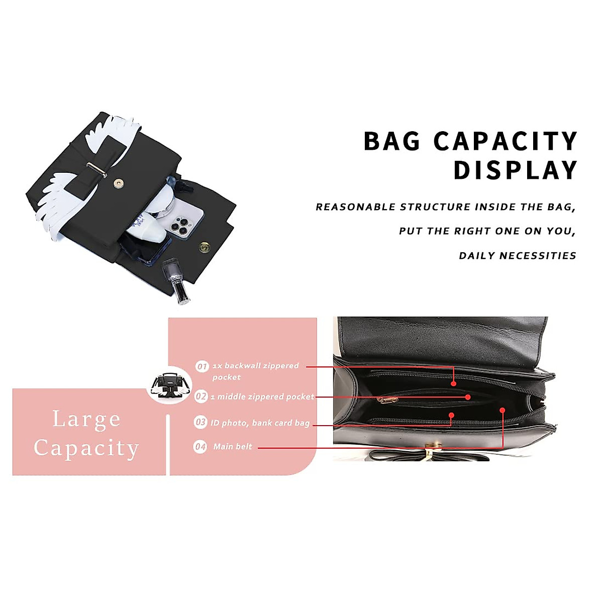 JHVYF Women's Cute Wings Bow Top Handle Cross Body Shoulder Bags Girls Handbag Black 354343