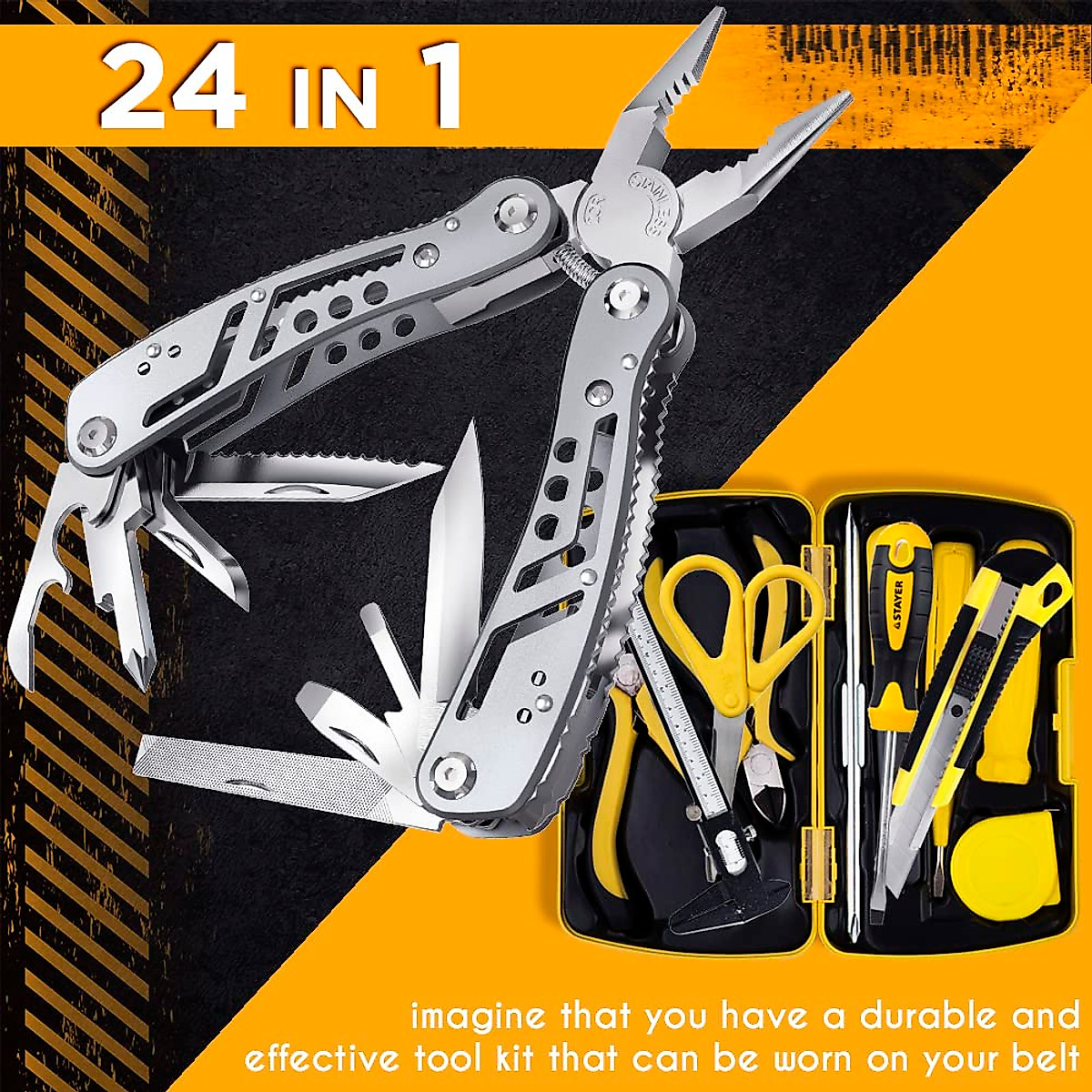 Multitool 24-in-1 with Mini Tools Knife Pliers and 11 Bits - Multi Tool All in One Multi Function Gear for Men Best Multi-tool Kit for Work EDC Camping Backpacking Survival - Great Gift for Men 2238