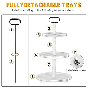 Urban Deco Wooden Tiered Tray 3-Tier Decorative Tray Stand Farmhouse Serving Tray, Round Wooden Cupcake Display Stand with Metal Handle, White Tiered Fruits Tray for Home Party Decorations