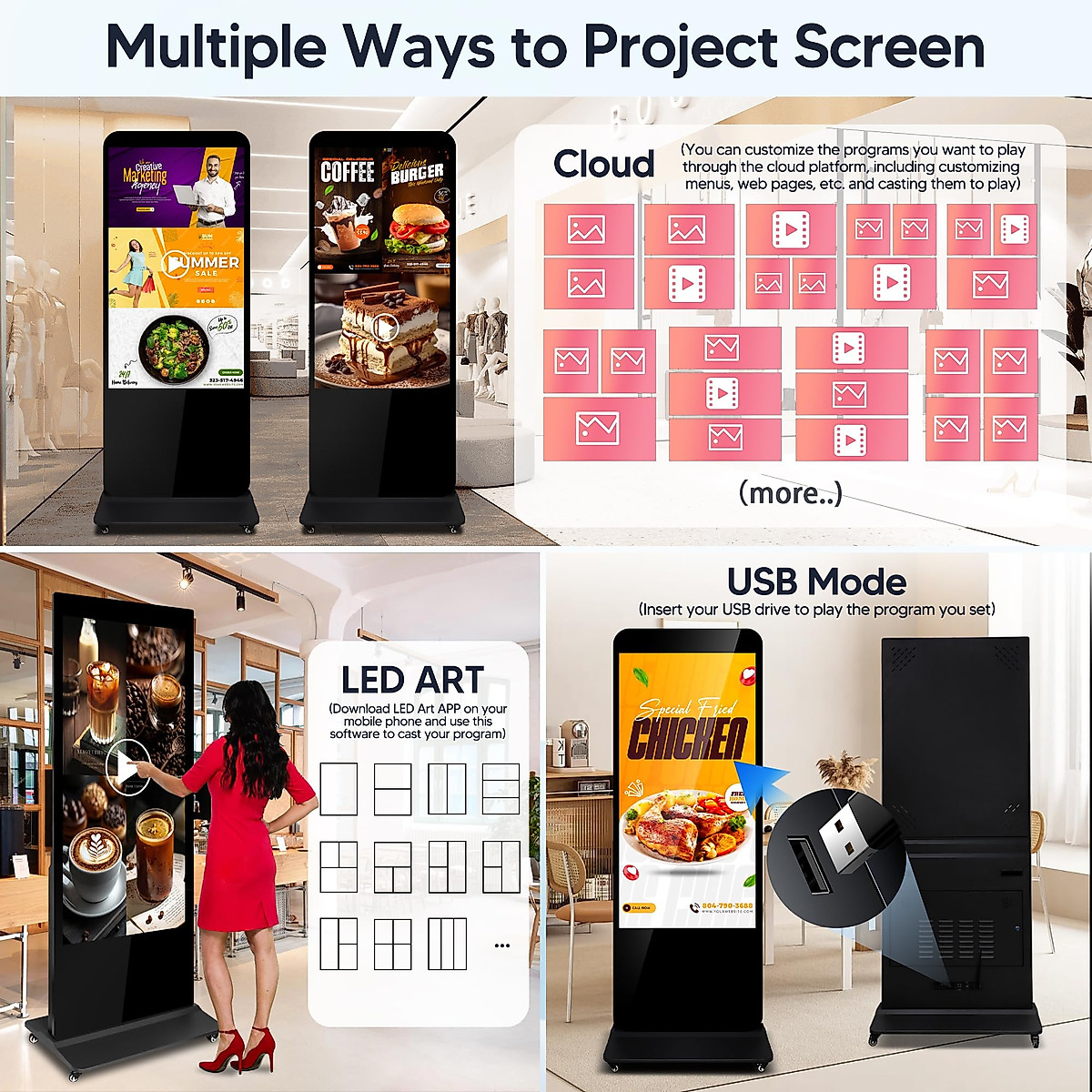 CAMINI 65 inch Digital Signage Floor Standing 4K Resolution Digital Signage Kiosk, LCD Digital Signage Kiosk, Android 11 OS Touch Screen with WiFi HDMI/USB Input Digital Signage Player