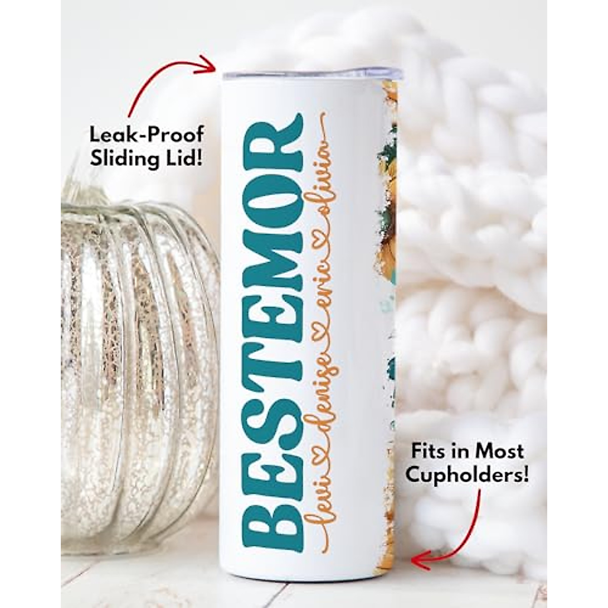 Personalized Bestemor Tumbler, 20 oz Stainless Steel Sunflower Cup with Lid & Straw, Custom Norwegian Grandma Gift with Grandkids’ Names, Floral Coffee Mug for Birthday, Mother’s Day or Christmas