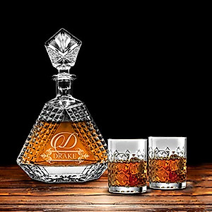 Personalized Scotch Whiskey Bourbon Glass 23 oz Decanter and 2 Glasses Set - Custom Engraved - Triangle Shape