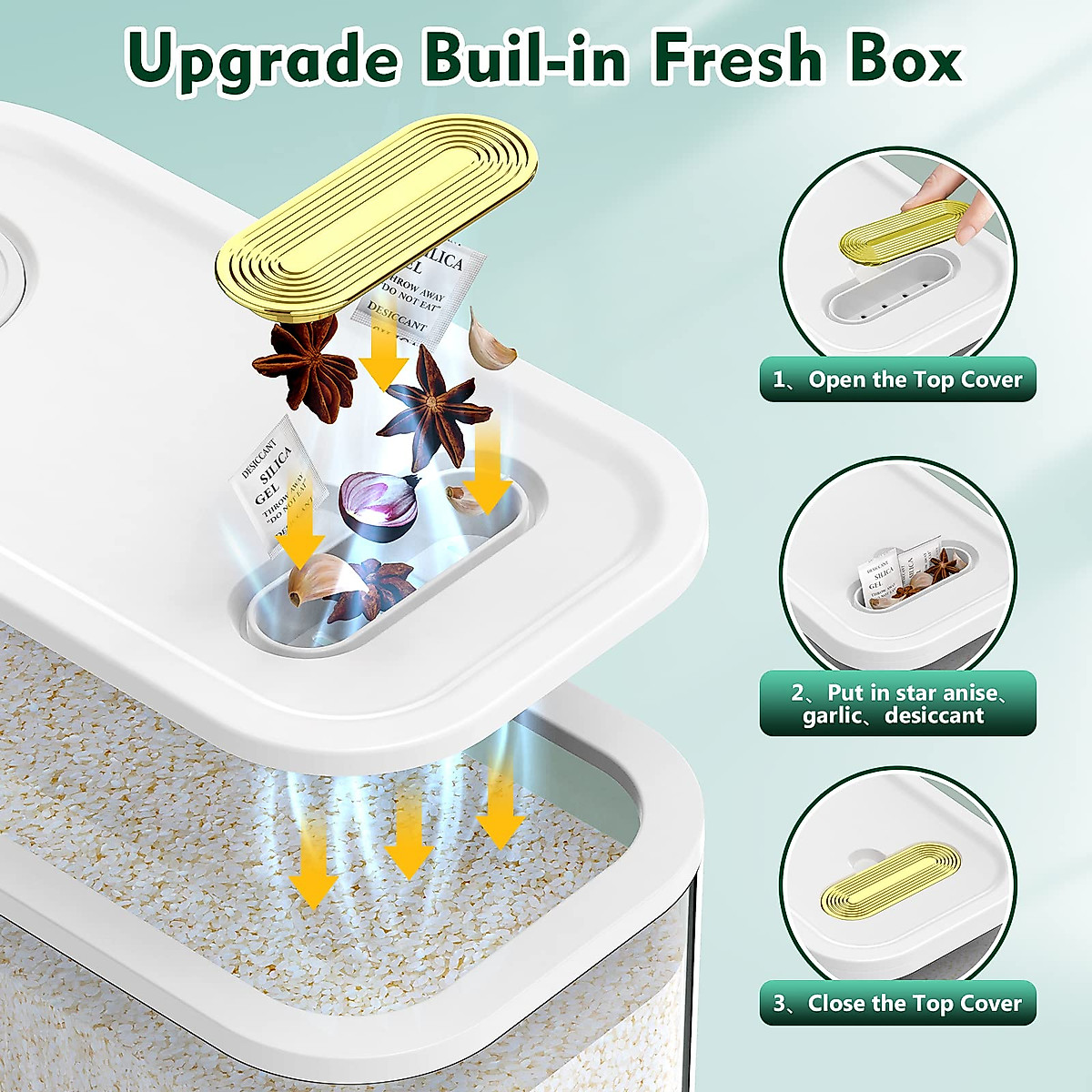 Lenwi 22 Lbs Rice Dispenser, Large Dry Food Storage Container with with Measuring Cup & Time Scale, Food Dispenser Kitchen Organization and Pantry Store for Cereal Dry Food (White)