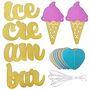 Gold Glittery Ice Cream Bar & Ice Cream Sign Banner and Pink, Blue, Gold Heart Paper Garland Birthday Party Ice Cream Theme Party Summer Theme Party Baby Shower Wedding Decorations Cute Photo Prop
