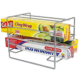 Home Basics W 3 Tier Heavy Duty Kitchen Countertop or Cabinet Organizer for Food Wrap, Foil, Wax Parchment Paper, Plastic Bags, Silver