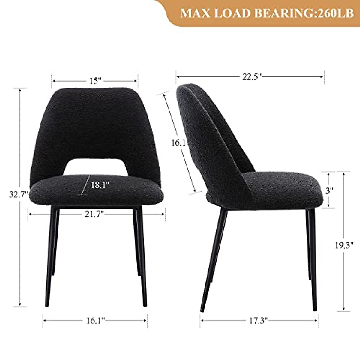 JIRAIN Modern Dining Chair Set of 2, Boucle Dining Chairs with Metal Legs, Round Back Upholstered Chairs for Kitchen Living Room