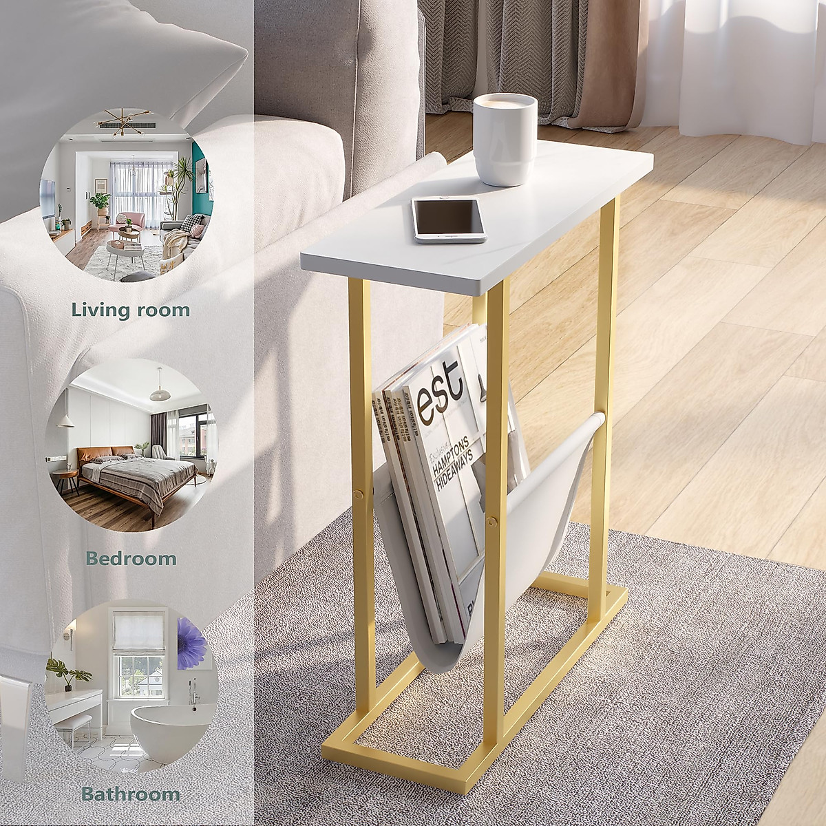 Yusong Small Narrow Side Table for Small Spaces, 17.7" W Slim End Table Magazine Table Nighstand with Storage Holder, Accent Skinny Snack Couch Bedside Table, Gold White, Complete Iron Pipes
