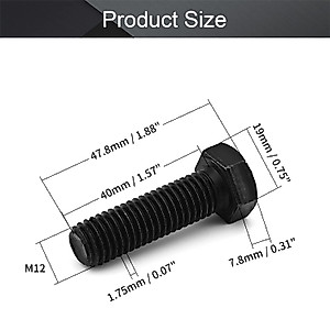 MroMax M12 Left Hand Hex Bolt M12-1.75 x 40mm Hex Head Screw Bolts Carbon Steel Fully Threaded Metric Hex Bolts Grade 12.9 Black 3Pcs