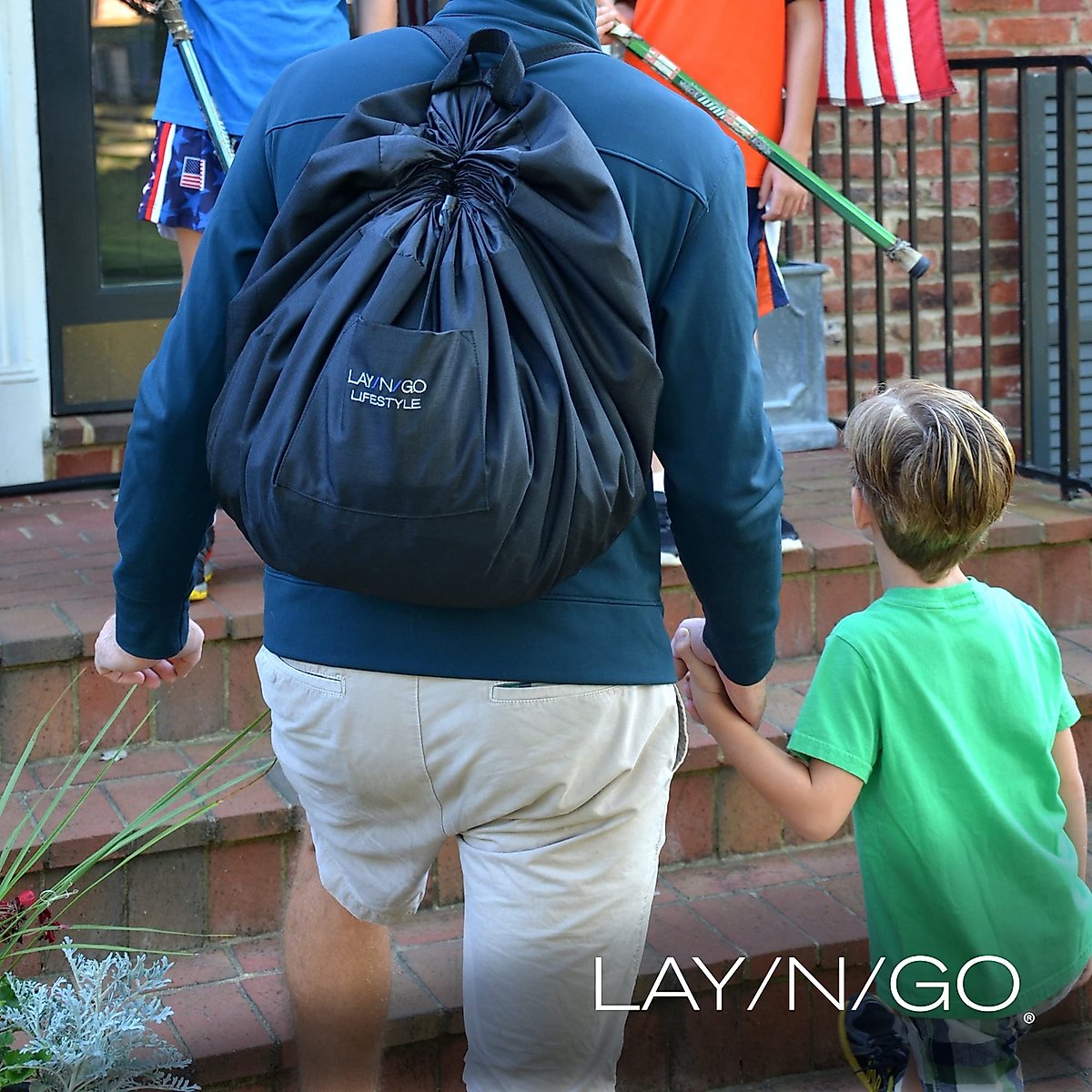 Lay-n-Go 4-in-1 Drawstring Toy Storage Organizer Mat - Durable Machine Washable Drawstring Bag for Lego & Other Toys - Easy-to-Clean Pull String Bag w/ 4 Mesh Pockets & Raised Lip (44”, Blue/Black)