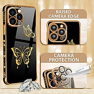 Petitian for iPhone 14 Pro Max Case, Cute Women Girls Gold Designed Butterflies Phone Cases for iPhone 14 Pro Max, Girly Gold Plating Phone Cover for 14 Pro Max with Camera Protector Black