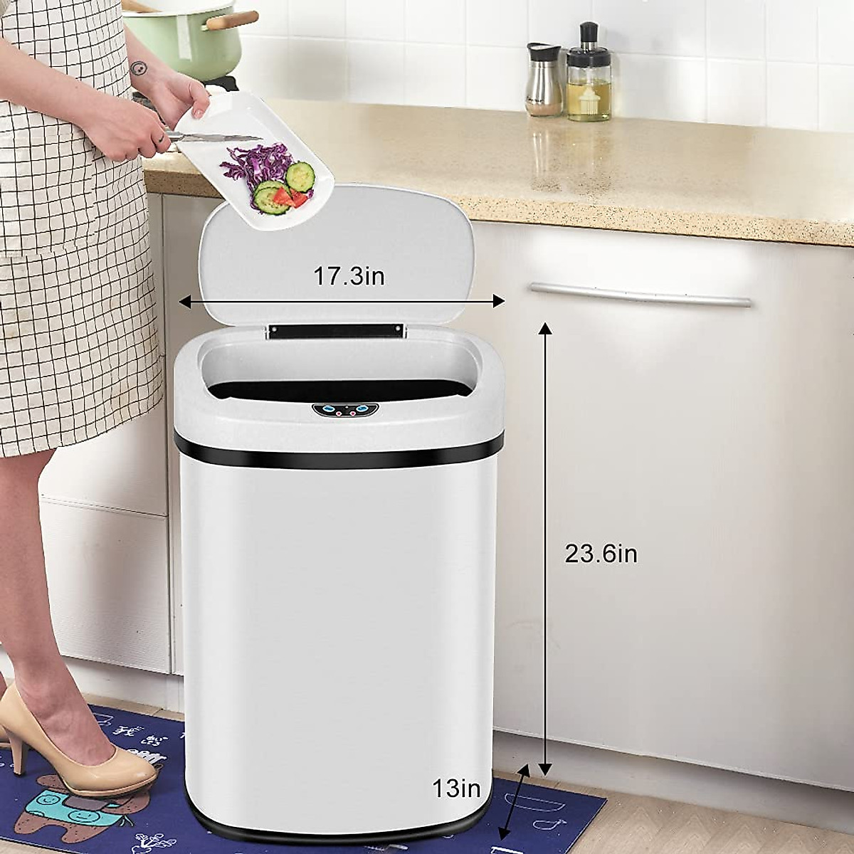 HGS Touchless Trash Can 13 Gallon Automatic Garbage Waste Bin Stainless Steel Trash Can Touch Free Kitchen Garbage Cans with Lid, Sensor Trash Bins for Home Office Living Room Bedroom, White, White