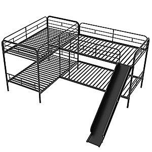 Tulib Twin Size L-Shaped Bunk Bed with Slide, Metal Bunkbed Frame w/Ladder & Safety Guardrail for 4, Bedroom, Home, No Spring Box Needed, Black