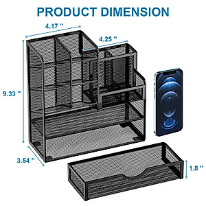 Marbrasse Mesh Pen Holder for Desk, Multi-Functional Pencil Organizer with Drawer, Desk Organizers and Accessories for Office Art Supplies (Black)