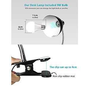 Desk lamp Eye-Caring Table Lamps, 360°Rotation Gooseneck Clip on Lamp Reading Light Portable Reading Book Light, Clamp Light, Study Desk Lamps for Bedroom and Office Home Lighting (Black)