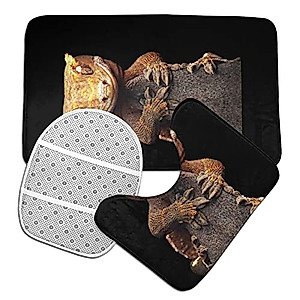 Aniaml Gecko Lizard Bathroom Carpet Floor Mat 3-Piece Set, Washable Bathroom Floor Mat/U-Shaped Toilet Mat/O-Shaped Toilet Lid Cover, with Solid Rubber Backing