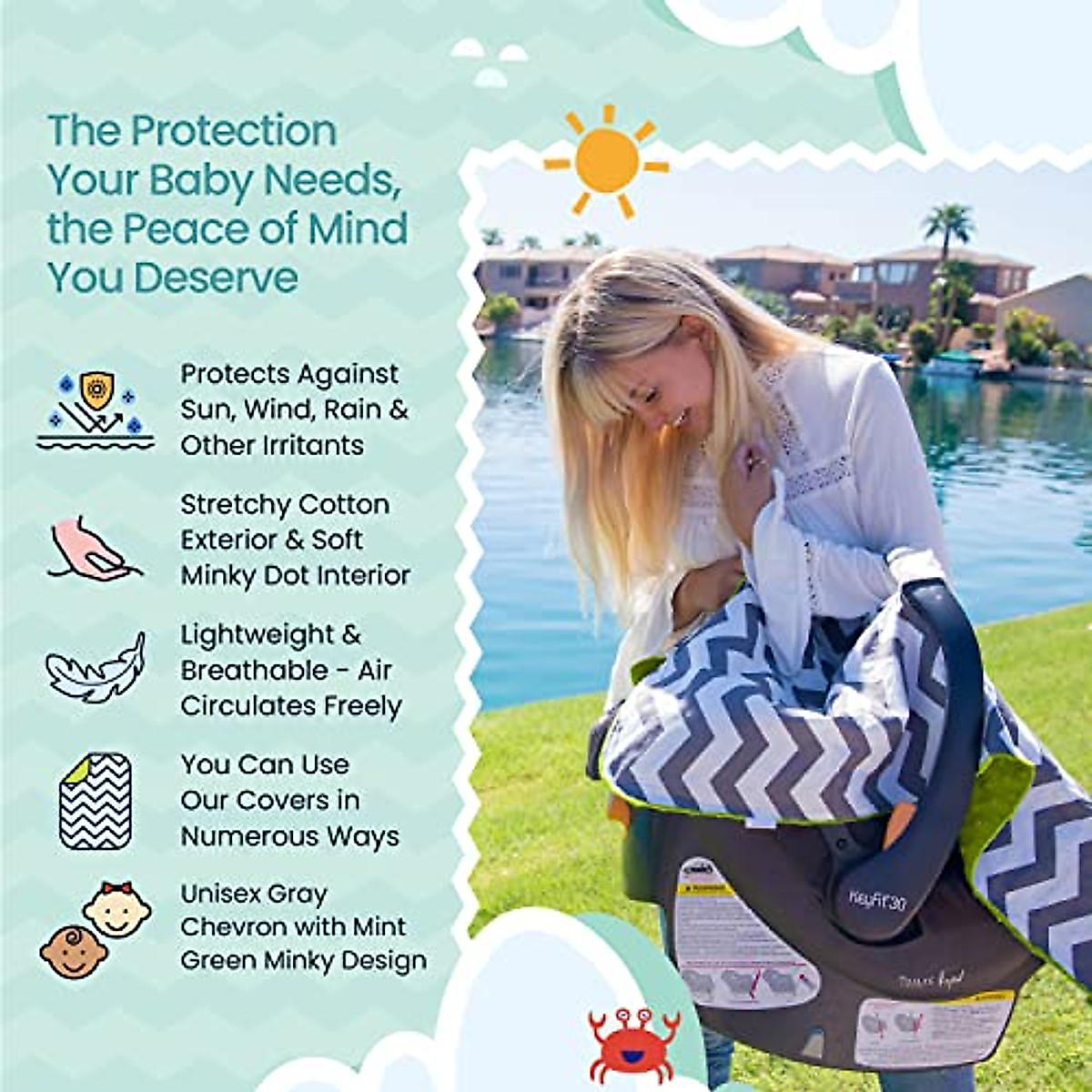 Baby Carseat Canopy Cover-Breathable Infant Car Seat Cover Helps Protect Babies-Our Baby Car Seat Covers Also Double as a Nursing Cover, High Chair Cover & Playmat-Gray Chevron with Mint Green Minky