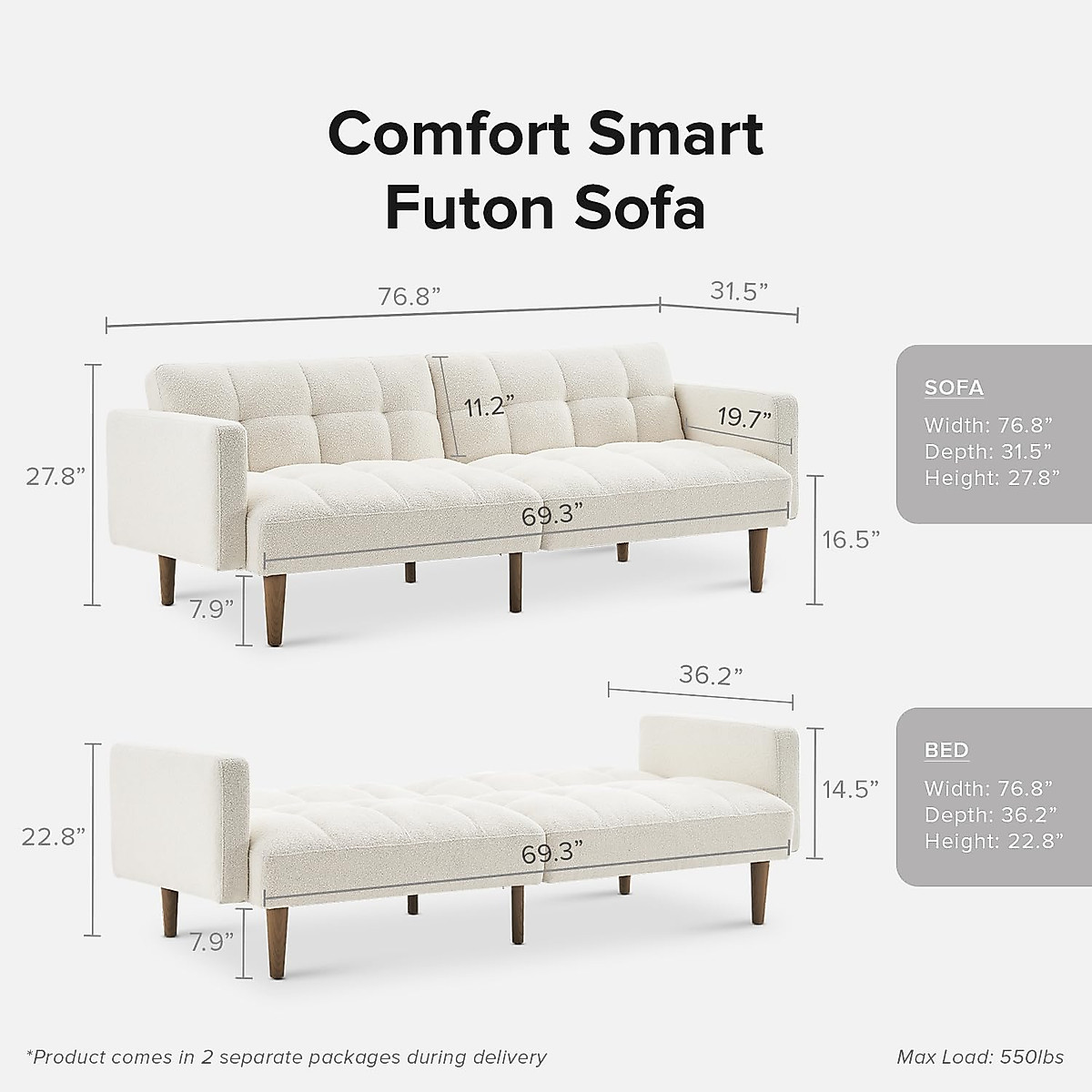 mopio Aaron Couch, Small Sofa, Futon, Sofa Bed, Sleeper Sofa, Loveseat, Mid Century Modern Futon Couch, Sofa Cama, Couches for Living Room, Bedroom (Pearl White, Boucle)