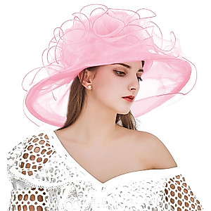 ELLYDOOR Fascinator Wedding Derby Hats for Women Bridal Organza Church Tea Party Hat Wide Brim Sun Hat (Pink)