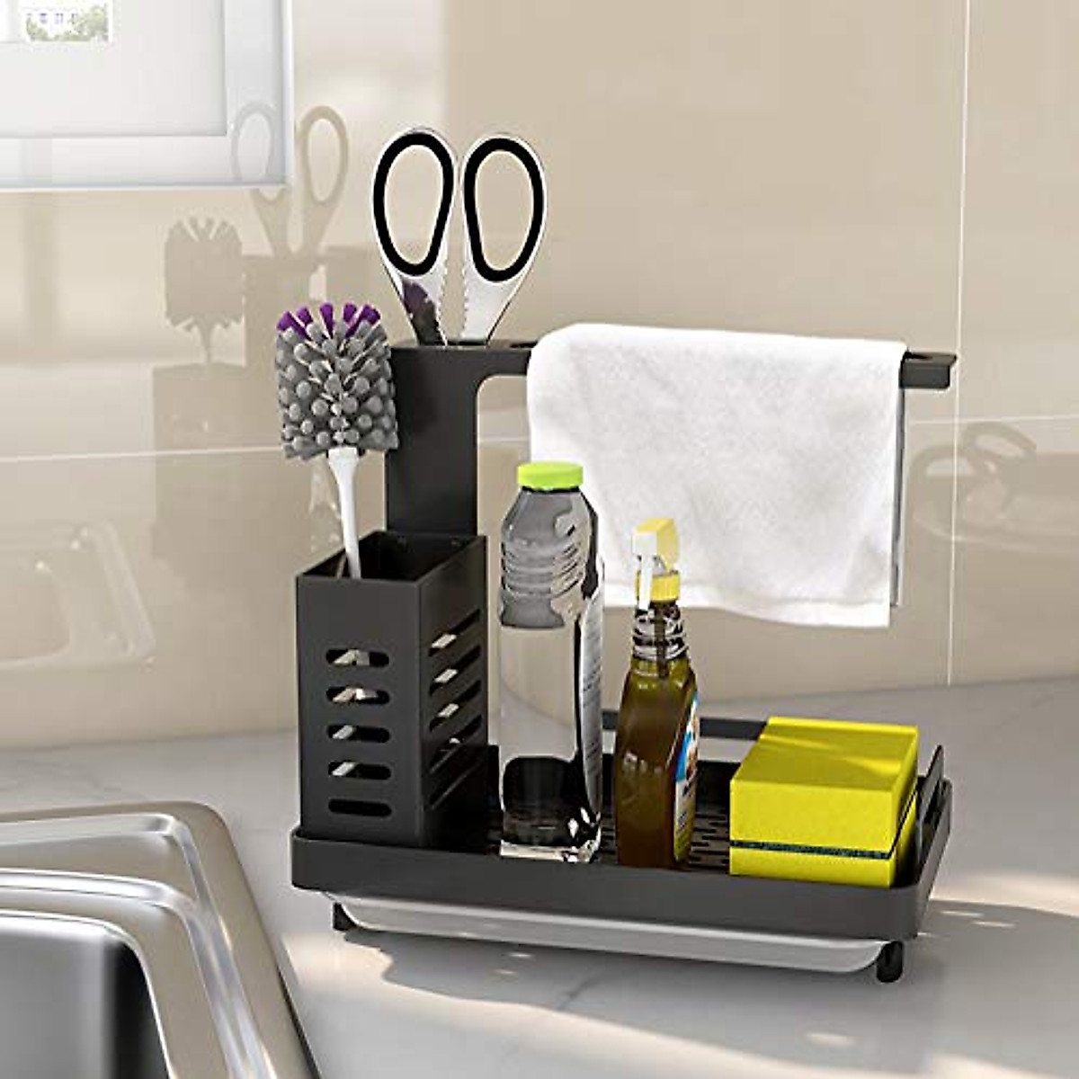Sink Caddy Kitchen Sink Organizer, Stainless Steel Kitchen Caddy Sink Organizer with Removable Drain Tray for Soap, Sponge, Scrubber, Brush and Dishcloth, Rustproof Countertop Kitchen Sink Organizer