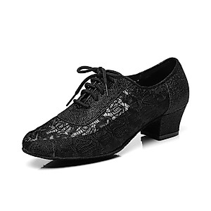 Minishion Women's Floral Mesh Lace-up Low Heel Ballroom Latin Dance Shoes Prom Pumps Black US 8.5