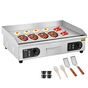 VEVOR Commercial Electric Griddle, 2800W Countertop Flat Top Grill, 26in Stainless Steel Griddle Grill with 2 Shovels and 2 Brushes for Home or Restaurant, 122℉-572 ℉ Adjustable Temp