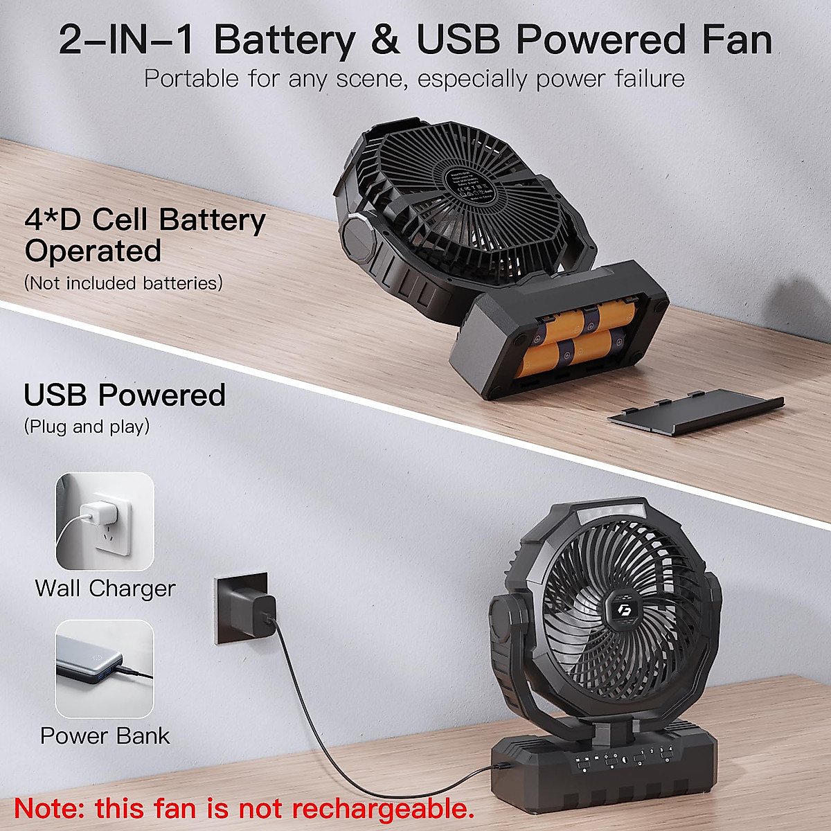 FRIZCOL Battery Operated Fan [200H Max], 2 IN 1 D-Cell Battery & USB Powered Fan, Portable Camping Fan with 4 Speeds, Light, Timer, Remote for Outdoor Tent, Travel, Picnic, Office, Bedroom - Black