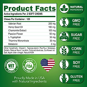 Hemp Calming Chews for Dogs with Anxiety and Stress - Dog Calming Treats - Dog Anxiety Relief - Separation - Travel - Barking - Melatonin for Dogs - Hemp Oil - Calming Treats for Dogs - 120 Treats