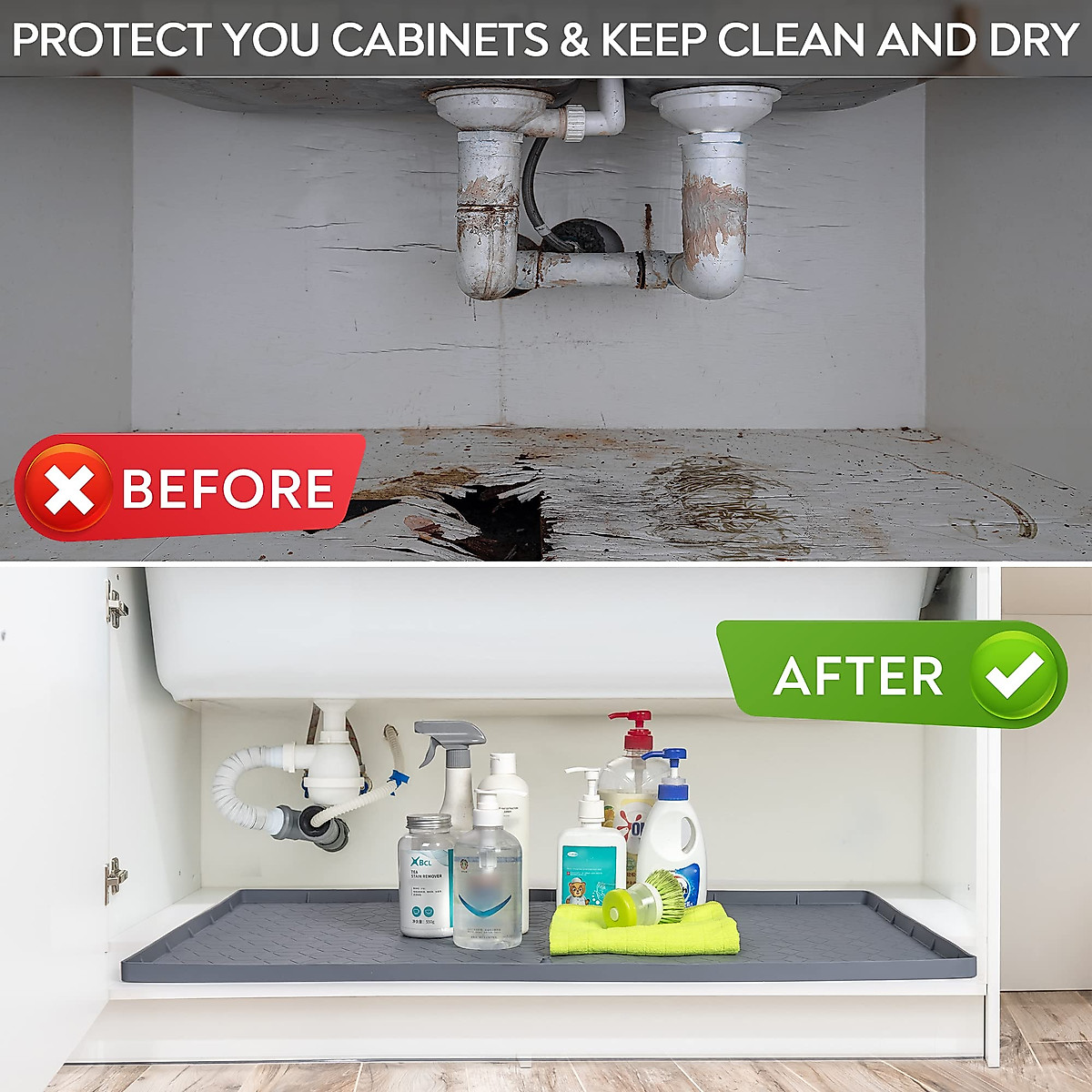 RESILION Flexible Waterproof Grey Silicone Under Sink Mat for Kitchen Cabinet with Drain Hole, 34" X 22" Silicone Under Sink Mat Liner Hold Up to 2 Gallons Liquid Sink Mats for Bottom of Kitchen Sink