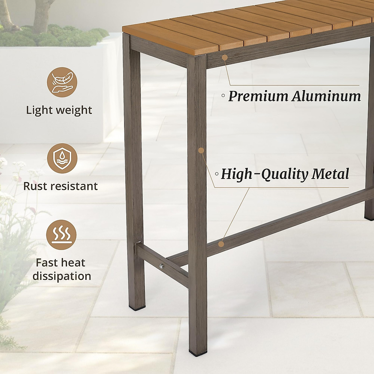 Cozyman Outdoor Bar Height Table and Chairs Set, 3 Piece Patio Pub Bar Set with 55" Slatted High Top Table and 2 Armrest Bar Stools for Balcony, Poolside, Yard, Teak