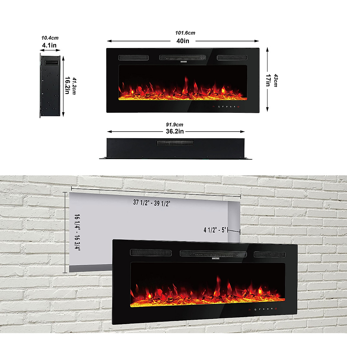 SANHSEHOME Electric Fireplace Inserts 40 Inch Wide Wall Fireplace Electric with Remote Control Electric Fireplace Wall Mounted Recessed with 12 Flame Colors Fake Log & Crystal 1-8h Timer 750W/1500W