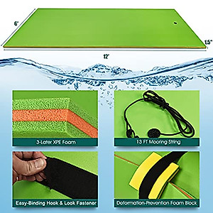 GYMAX Floating Water Mat, 12' x 6' Foam Water Floating Pad with Safe Bungee Tether and Storage Straps, 3-Layer XPE Foam Floating Island for Pool Lake River Outdoor Water Activities (Green)