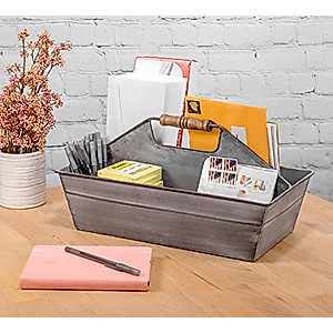 Red Co. 15” x 7.5” Galvanized Metal Storage Carry-All Tote Caddy Tray with Wooden Handle, Large