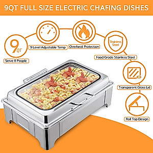 BOOMY LINS Electric Chafing Dish 9QT 2-in-1 Roll Top Rectangle Full Size Auto ShutOff Stainless Steel Buffet Servers and Warmers, 9 Heating level Food Warmer Transparent Glass Lid Chafers for Catering