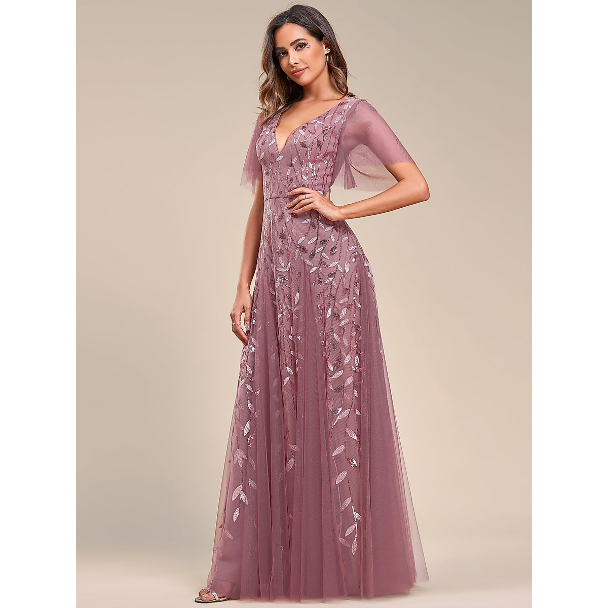 Ever-Pretty Women's Sequin Sparkly V-Neck Short Sleeve Maxi Evening Dress Prom Gowns Orchid US12