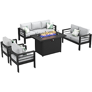 LayinSun Aluminum Furniture Set with Fire Pit Table, 5 Pieces Patio Sectional Conversation Chat Sofa Modern Seating Set