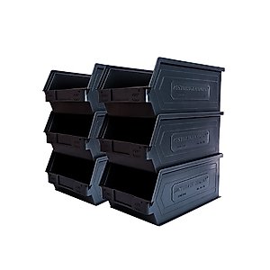 Storage Compat 6 Pack Small Storage Bin, Wall Mount Storage, Hanging and Stacking Bin, Freestanding | 12” x 8” x 6” Plastic Container | Black | Zeus 3A2PLZ06