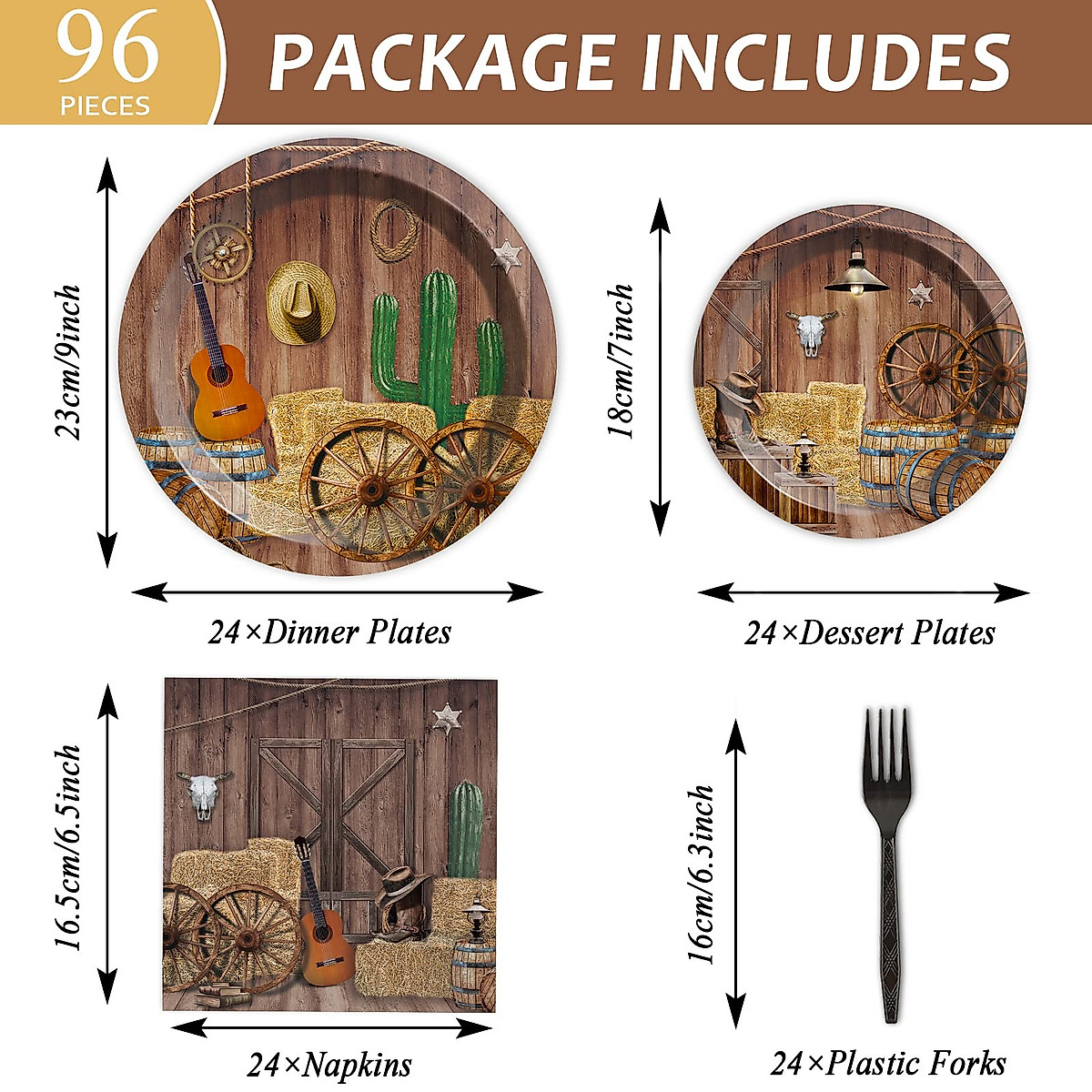 Tevxj 96PCS Western Tableware Set Cowboy Paper Plates Cowboy Themed Party Plates Napkins Forks for Baby Shower Birthday Party Decorations Supplies 24 Guests