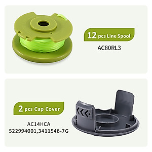 A ANLEOLIFE .080in Twisted Line Spool #AC80RL3 for RYOBI Cordless Auto-Feed String Trimmers 18v 24v and 40,11ft-Long (12 Spools & 2 Cap)