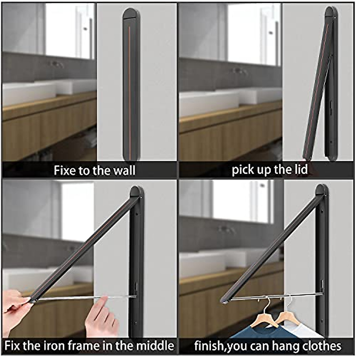 SunEegral Quality Clothes Drying Rack Wall Mounted,Laundry Room Folding Organization Storage,Foldable Hanging Drying Rod Ultrathin Small Collapsible for Space Saving,65Ibs Capacity,Aluminum(Black)