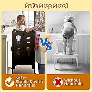 Kitchen Step Stool for Kids, Toddler Wooden Standing Learning Tower, Folding Child Step Stool, Safety Cooking Standing Stool for Children with Lockable Handrail, Espresso