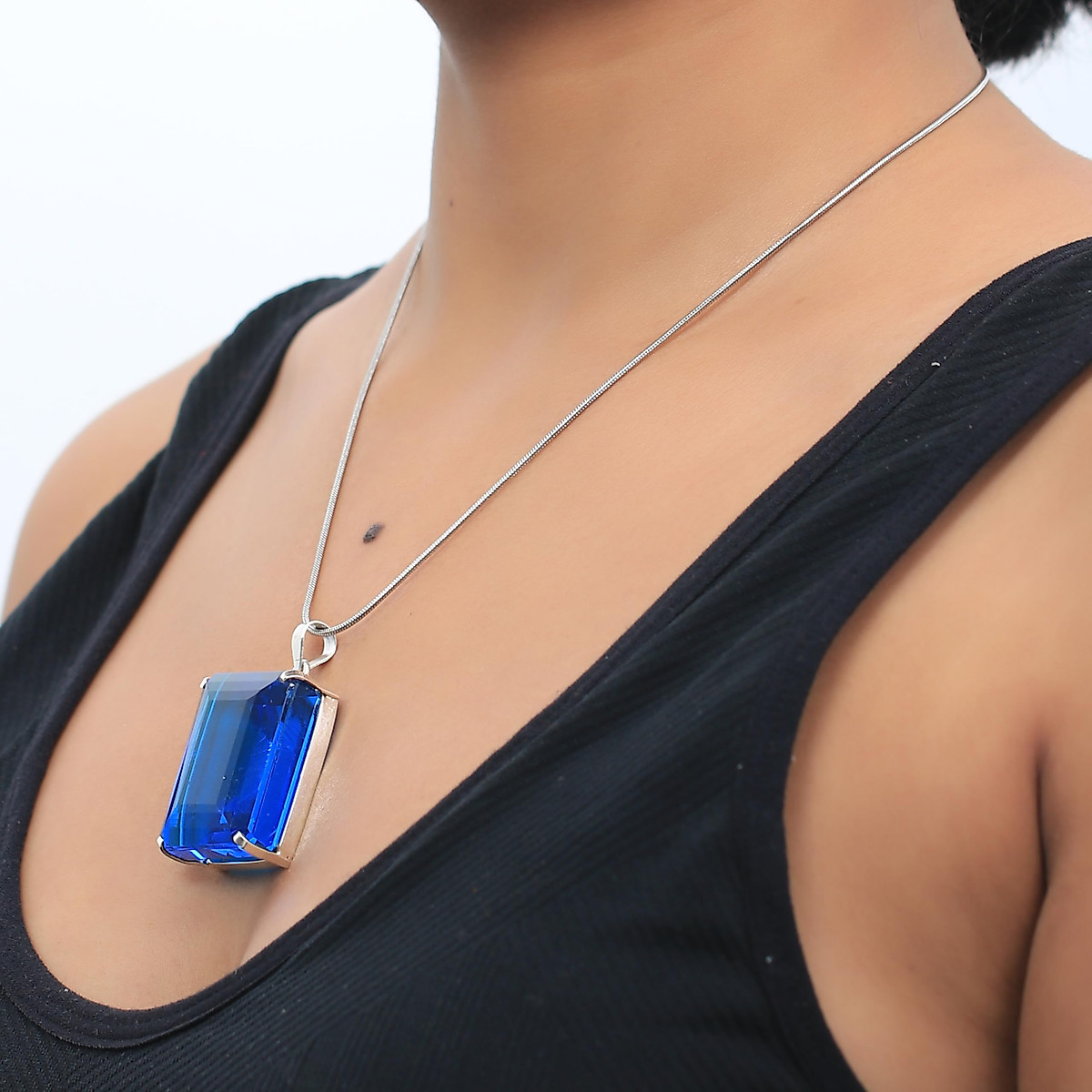 GEMHUB 120 Carat Blue Topaz Gemstone Pendant Without Chain, 925 Sterling Silver Emerald Shape Topaz Pendant Without Chain