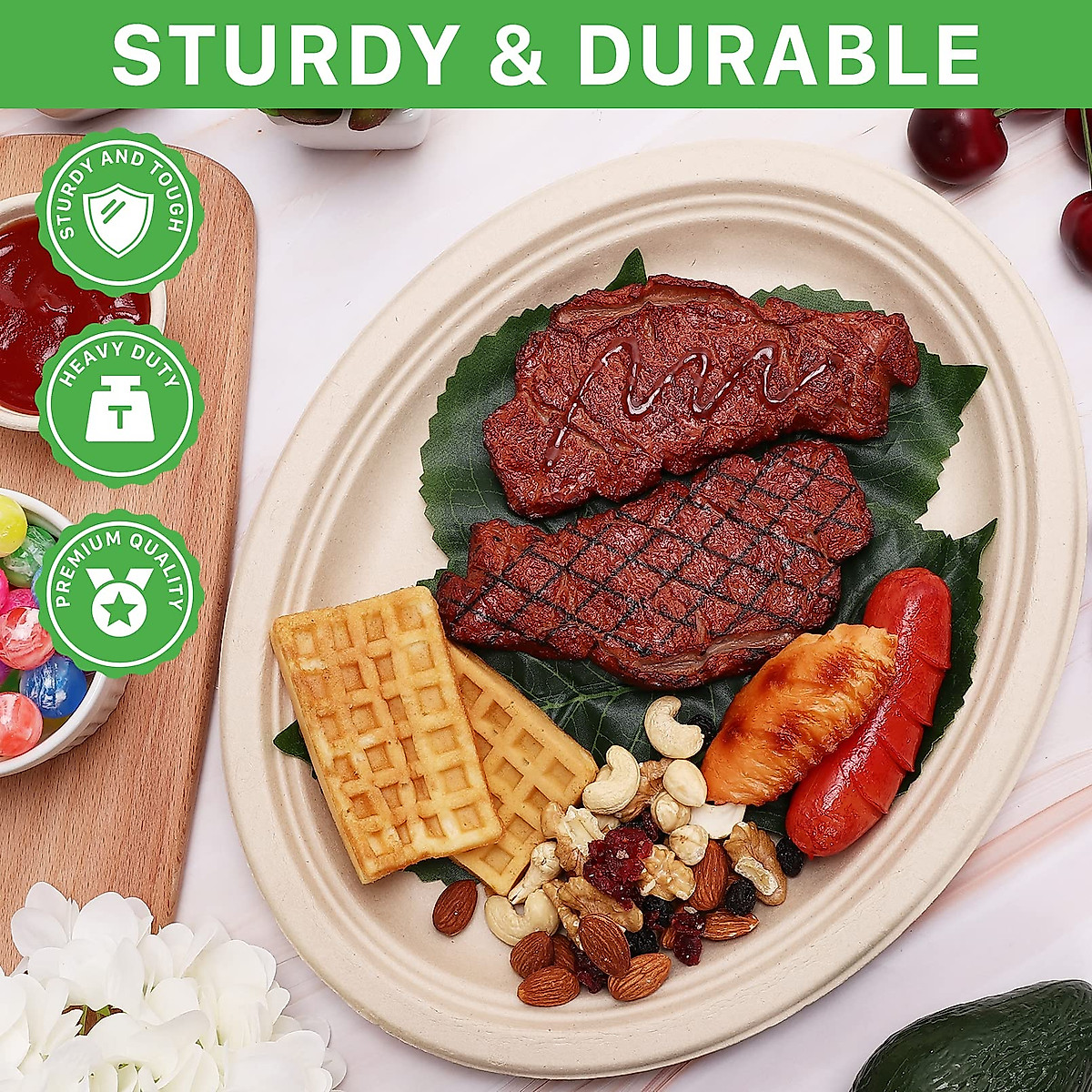 50 Pack Oval Paper Plates,100% Compostable Paper Plates,12 inch Paper Plates Heavy Duty,Disposable Paper Plates,Natural Bagasse Unbleached Eco-Friendly Sugarcane Plates for BBQ Party Picnic Gathering