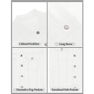Vetinee Women's White Jean Jacket Women Basic Stretch Fitted Casual Button Down Truker Denim Jacket Long Sleeve Pockets Jean Coat Medium Size 8 Size 10
