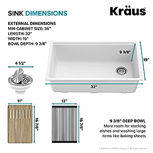 KRAUS Bellucci Workstation 32 in. Undermount Granite Composite Single Bowl Kitchen Sink in White with Accessories with WasteGuard™ Continuous Feed Garbage Disposal, KGUW1-33WH-100-75MB