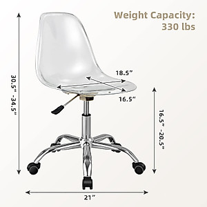 Giantex Acrylic Desk Chair, Clear Armless Office Rolling Chair, Height Adjustable Leisure Ghost Chair w/Chromed Base, Modern Cute Vanity Chair, Swivel Computer Chair for Home Office