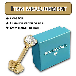 JewelryWeb - Solid 14k Gold 18G Cubic Zirconia Piercing Jewelry for Conch, Tragus, Helix - Labret Cartilage Earring - Internally Threaded Flat Back Stud - Hypoallergenic Body Jewelry